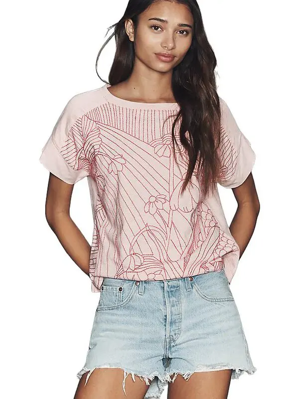 Anthropologie Cotton Stitched Tee - Coral Blush