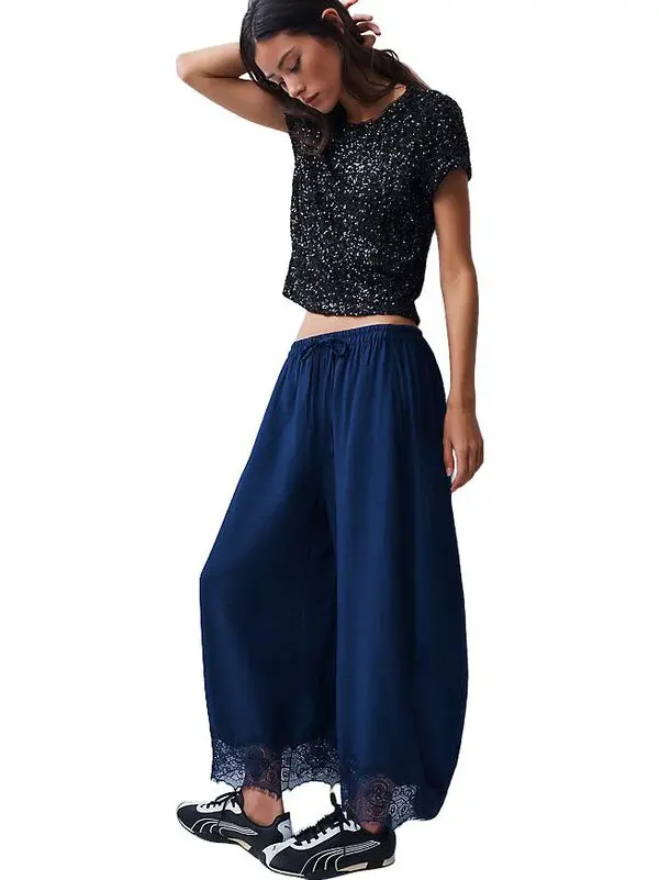 Anthropologie Reverie Lace-trim Tapered Pants - Navy