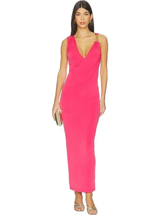 Balmain Jersey Draped Long Dress With Gold Detail - Fuchsia