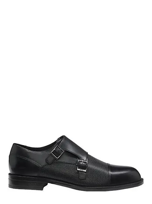 BOSS Buckle Leather Monk Shoes - Black