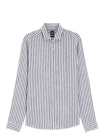 BOSS Striped Long-sleeved Linen Shirt - Dark Blue