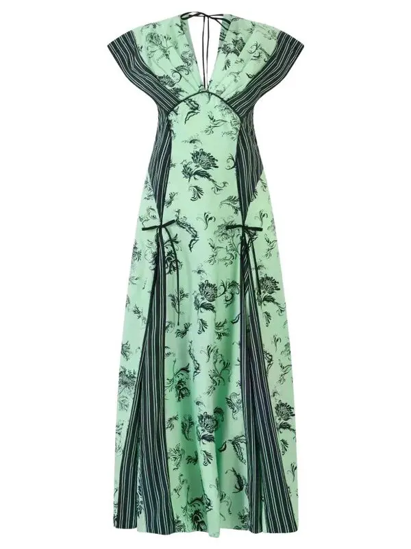 Rosie Assoulin Floral Stripe Trim Midi Dress - Green