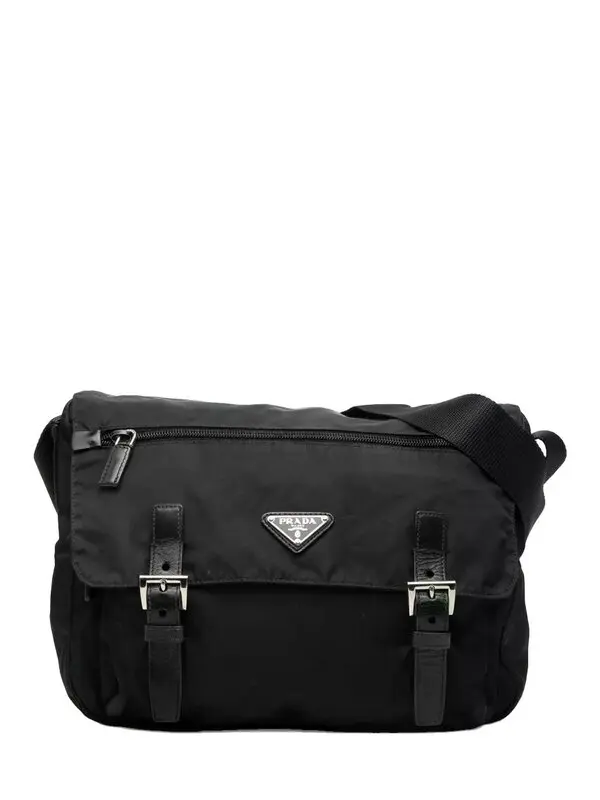 Prada Tessuto Zip Double Buckle Messenger Bag - Black
