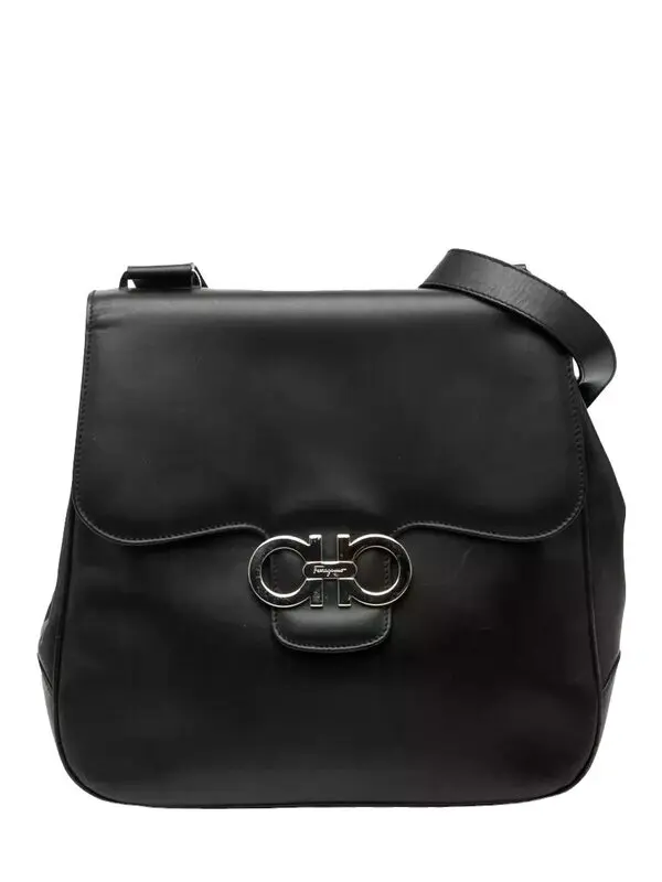 FERRAGAMO Leather Double Gancini Shoulder Bag - Black
