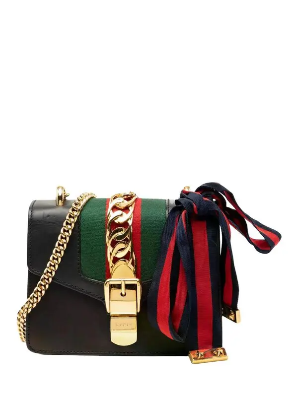 Gucci 2016-2025 Mini Leather Web Sylvie Chain Crossbody Bag - Black