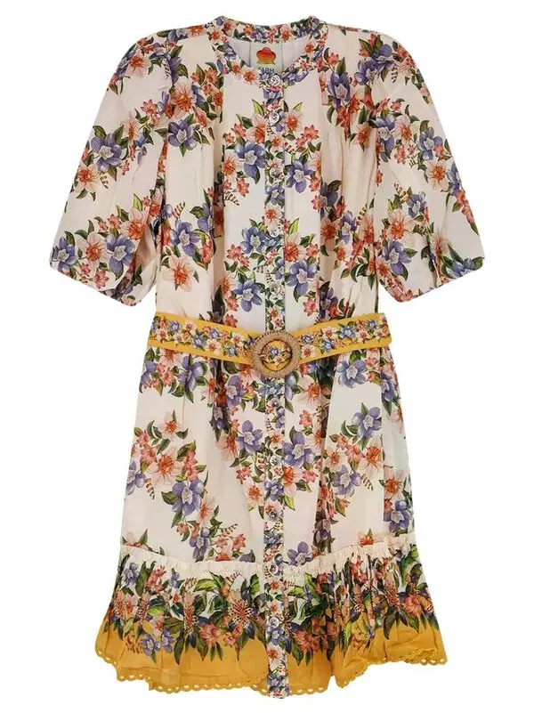 Farm Rio Floral Print Belted Dress - Brown