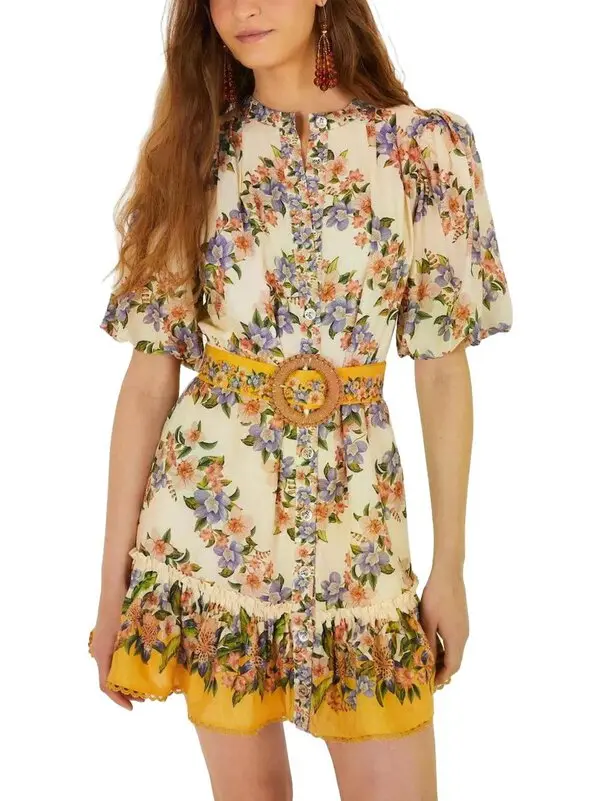 Farm Rio Floral Print Belted Dress - Brown