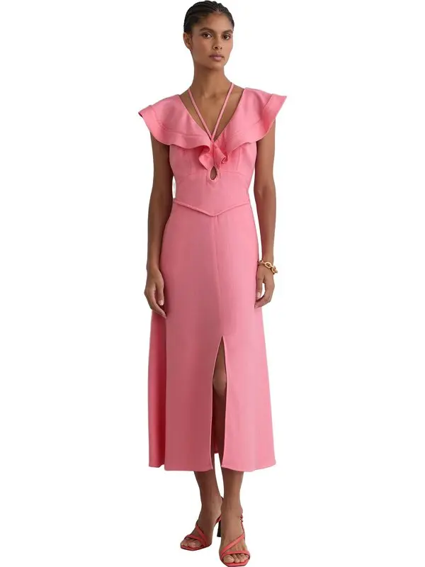 REISS Giselle Ruffle Tie-neck Keyhole Midi Dress - Pink