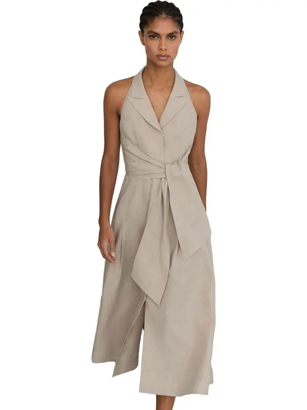REISS Linen Tie-waist Tailored Midi Dress - Neutral