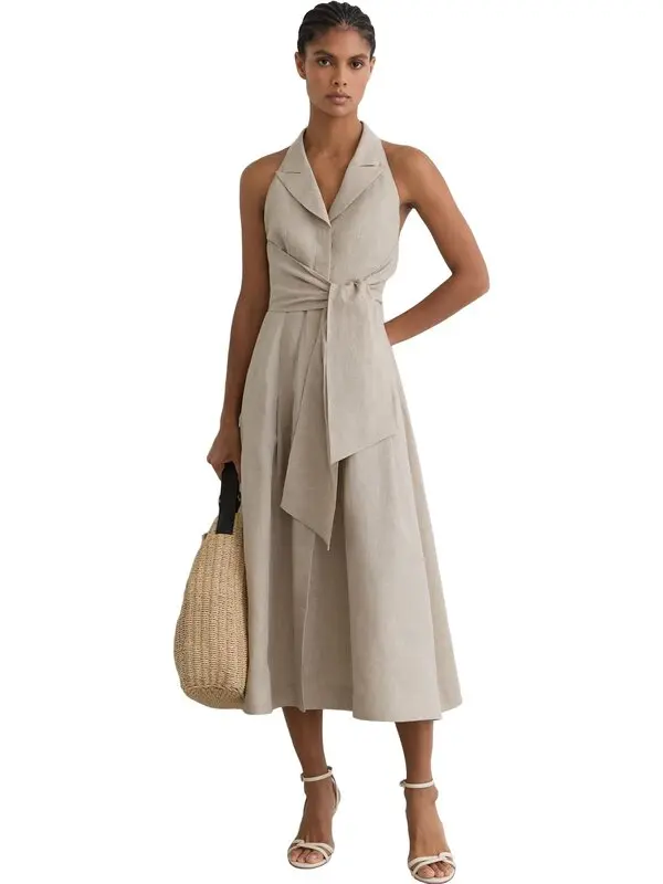 REISS Linen Tie-waist Tailored Midi Dress - Neutral