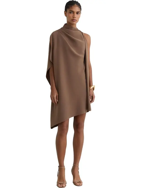 REISS Ellery One-shoulder Draped Mini Dress - Taupe Brown