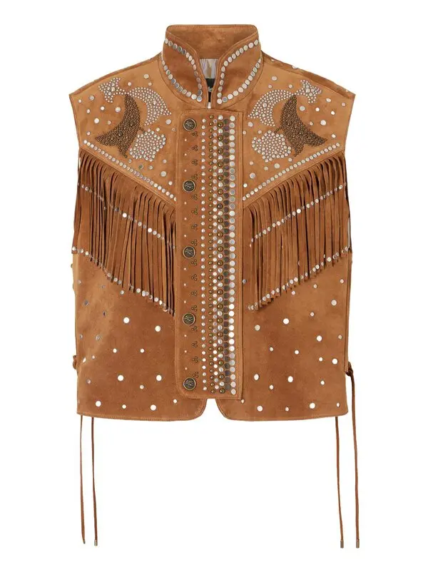 Etro Fringed Studded Suede Vest - Brown