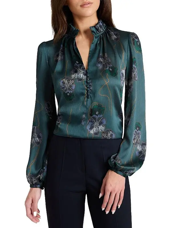 Santorelli Astrid Long Sleeve Ruffle-neck Printed Top - Steel Teal