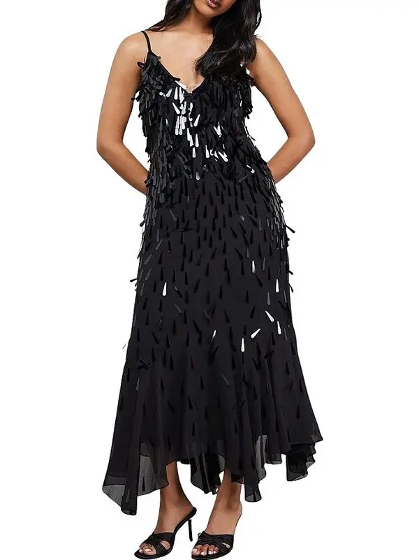 WAREHOUSE Premium Teardrop Embellished Midi Dress - Black