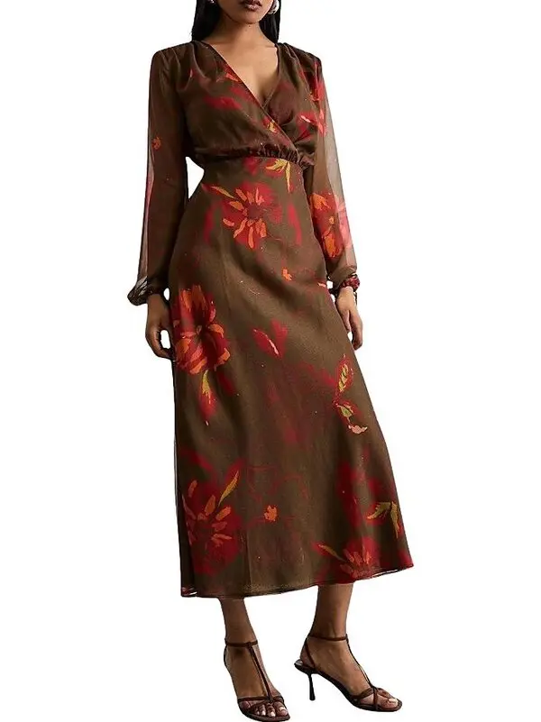 WAREHOUSE Printed V-neck Midi Dress - Brown