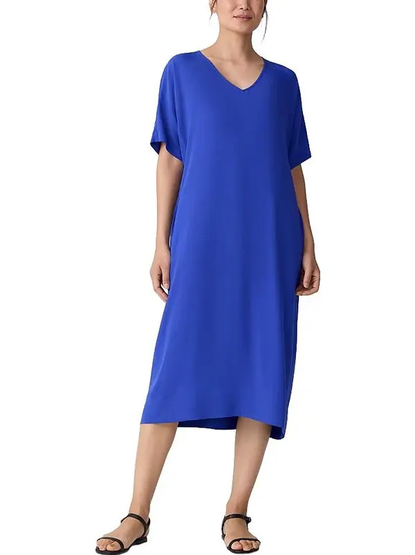 Eileen Fisher Silk V-neck Midi Dress - Royal