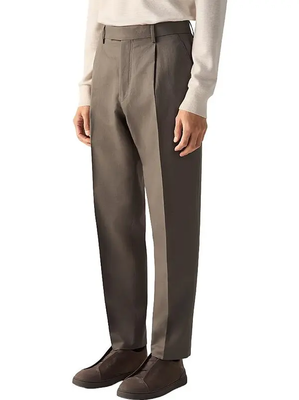 Zegna Pleated Fit Cotton And Linen Trousers - Dark Taupe