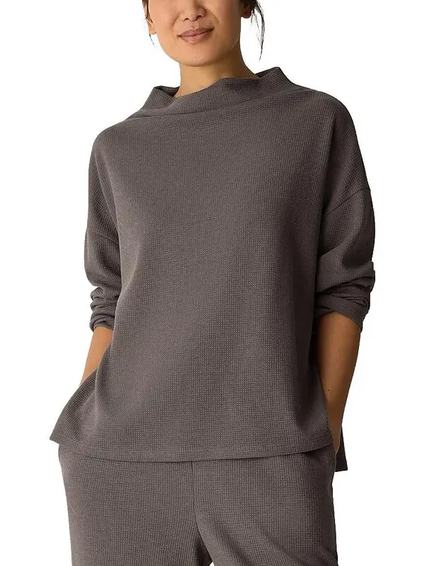 Eileen Fisher Waffle Double Knit Funnel Neck Boxy Top - Rye