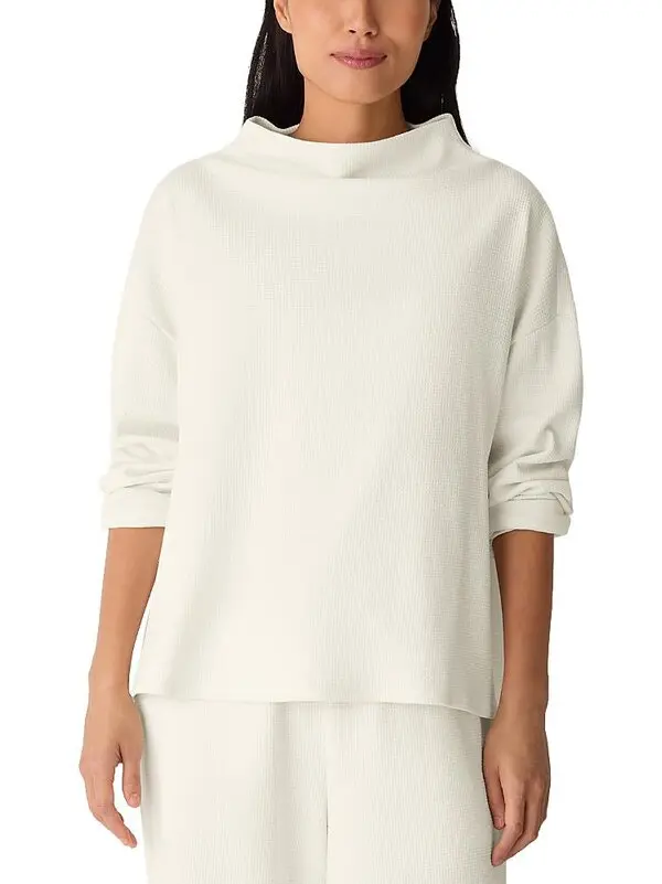 Eileen Fisher Waffle Double Knit Funnel Neck Boxy Top - Soft White