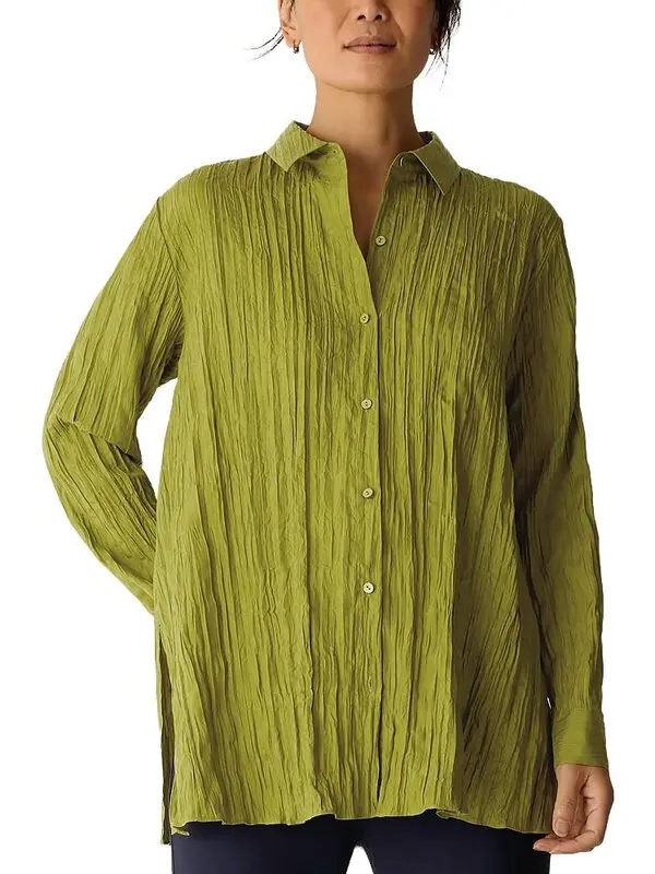 Eileen Fisher Classic Collar Pleated Silk Shirt - Cardamom