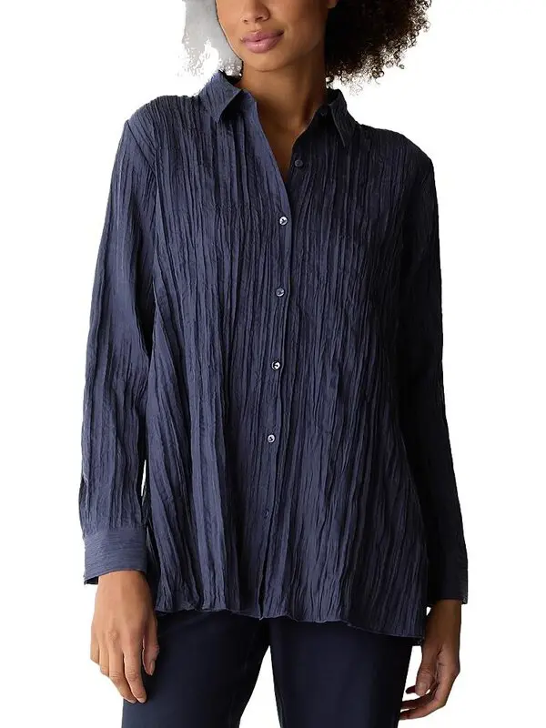 Eileen Fisher Classic Collar Pleated Silk Shirt - Ink