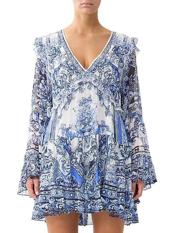 Camilla Silk Tiered Mini Dress - A Tiled Wonderland