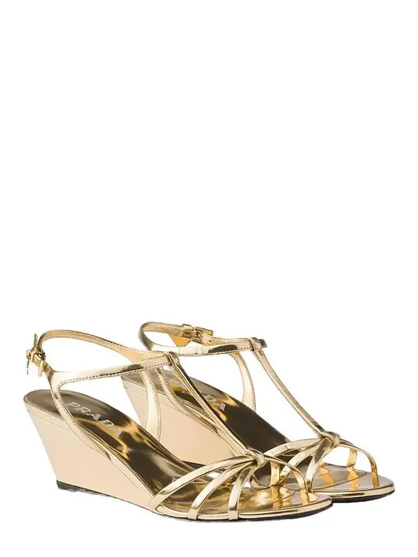 Prada Metallic Leather T-bar Sandals - Gold/silver