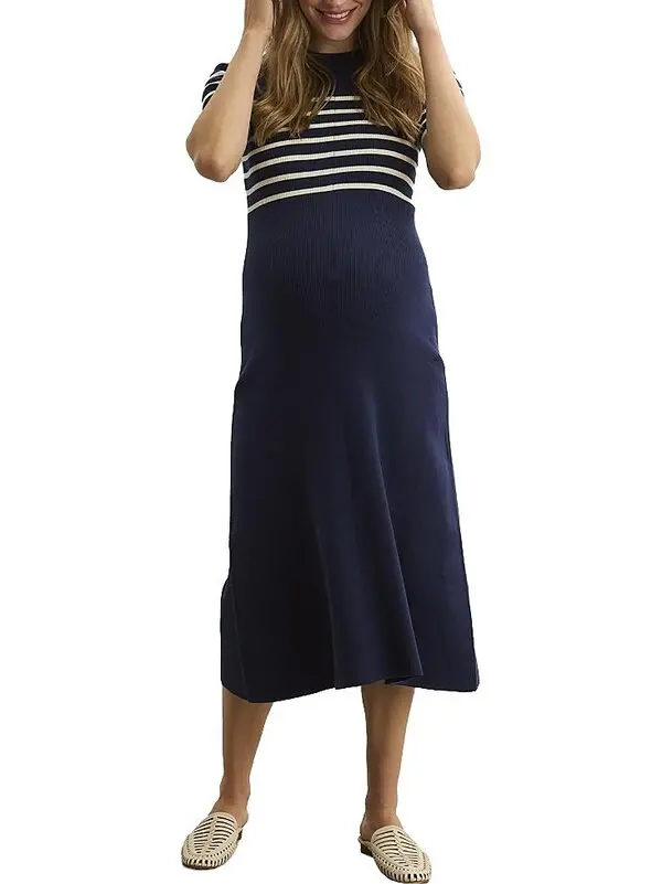 Hatch Collection The Kaitlyn Cotton Rib Maternity Dress - Navy/ivory Stripe