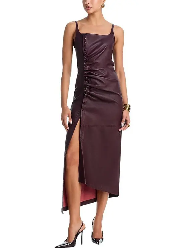 Rabanne Draped Leather Midi Dress - Red Wine
