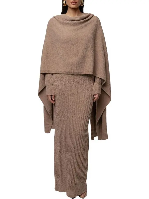 JLUXLABEL Ribbed Knit Maxi Dress With Shawl - Beige
