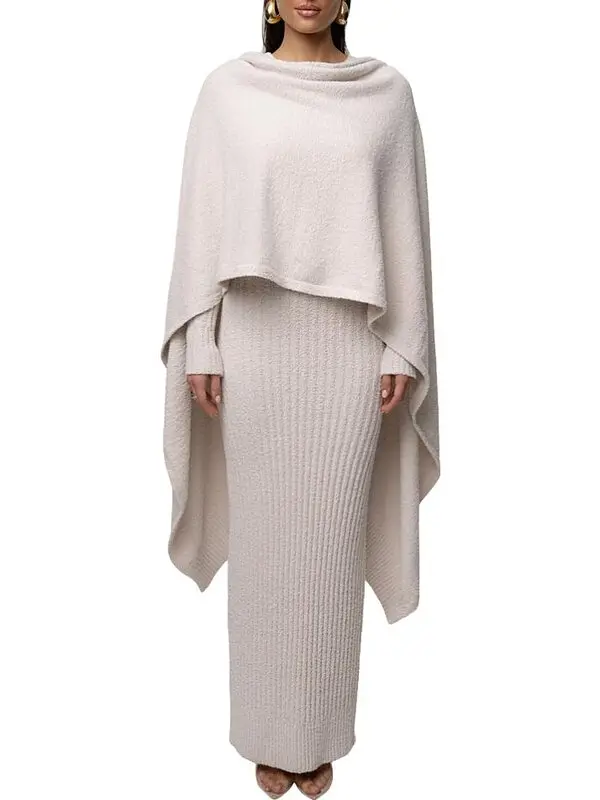 JLUXLABEL Ribbed Knit Maxi Dress With Shawl - Ivory
