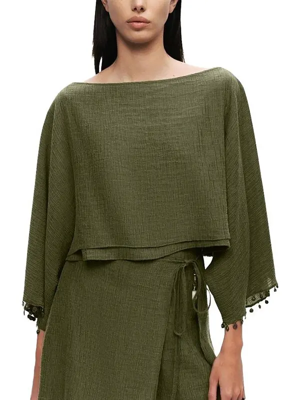 NOCTURNE Cropped Boat-neck Blouse - Khaki