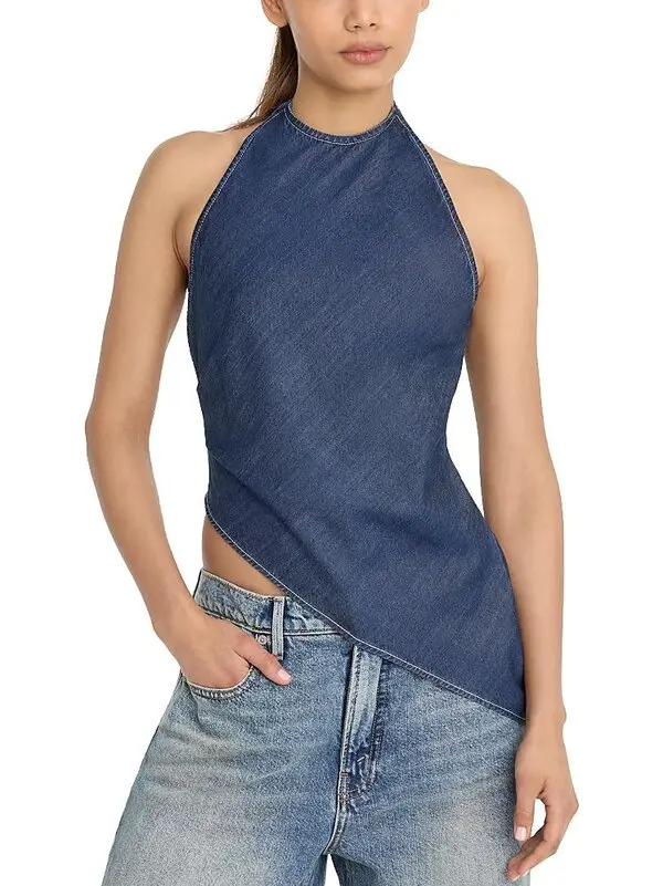 Good American Asymmetric Hem Halter Top - Indigo