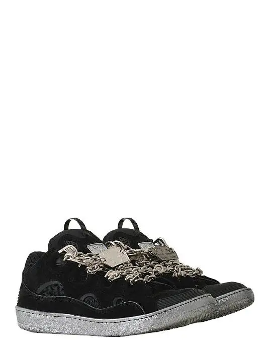 LANVIN Curb Suede Sneakers With Id Chain - Black/silver