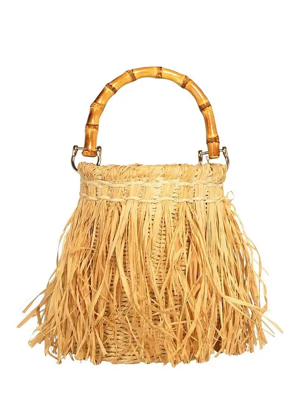Aqua Fringed Straw Bucket Bag - Natural