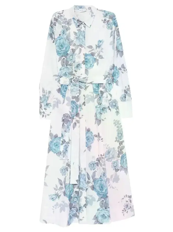 Marella Floral Belted Midi Shirt Dress - Blue