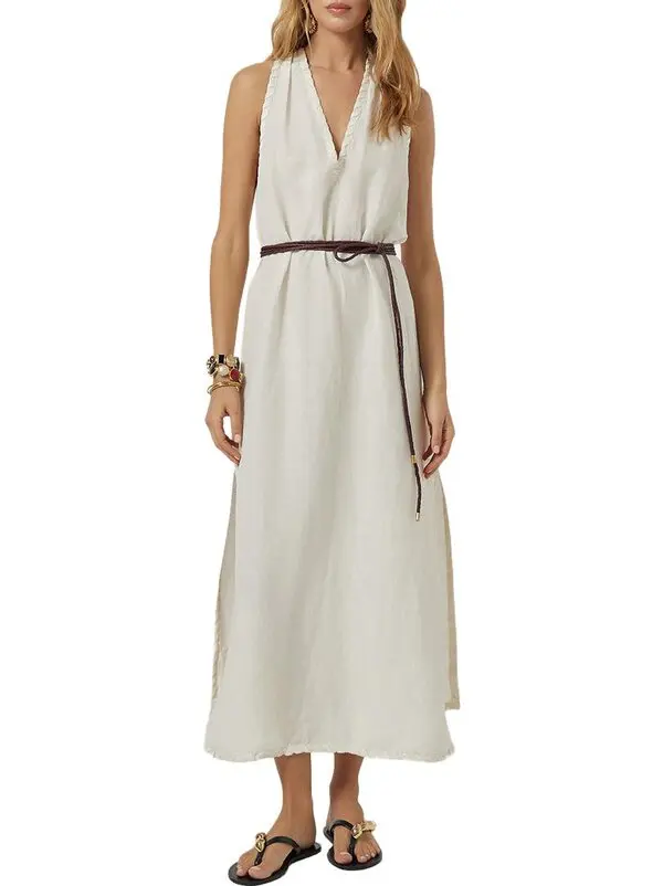 SCARLETT POPPIES Marley Whipstitch Linen Belted Maxi Dress - White