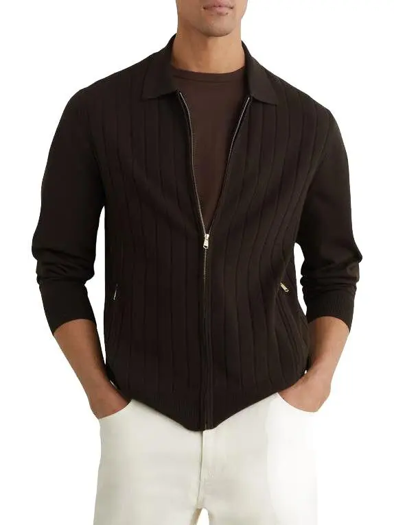 REISS Wide Rib Zip Cardigan - Chocolate Brown