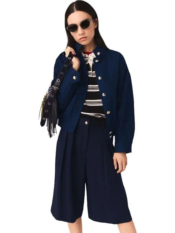 Maje Cotton Bomber Jacket - Navy