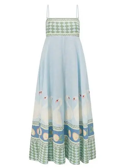 SMWR. BY THE SOMEWHERE CO Swan Lake Printed Linen Maxi Dress - Light Blue