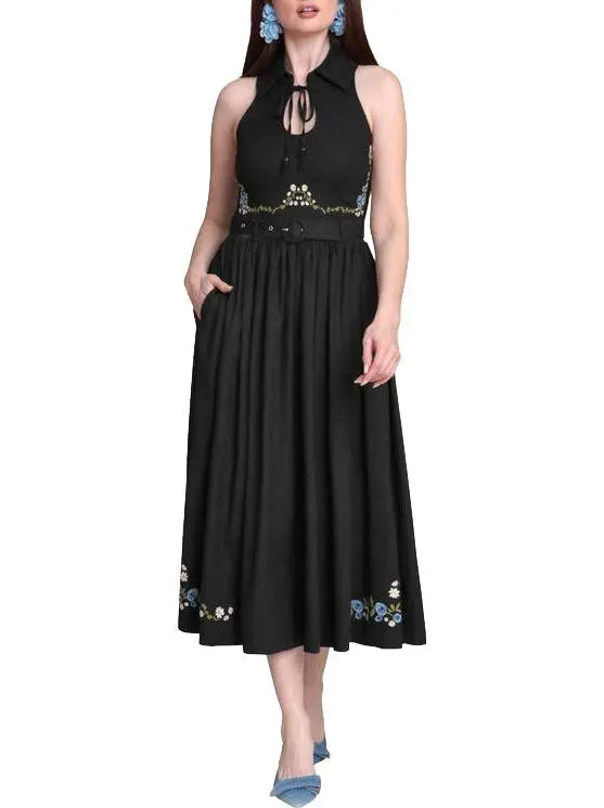 Avec Les Filles Placed Floral Embroidery Dress - Black