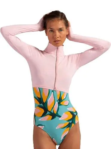 BLOQUV Full Zip Crop Top Sun Shirt - Tickle Me Pink