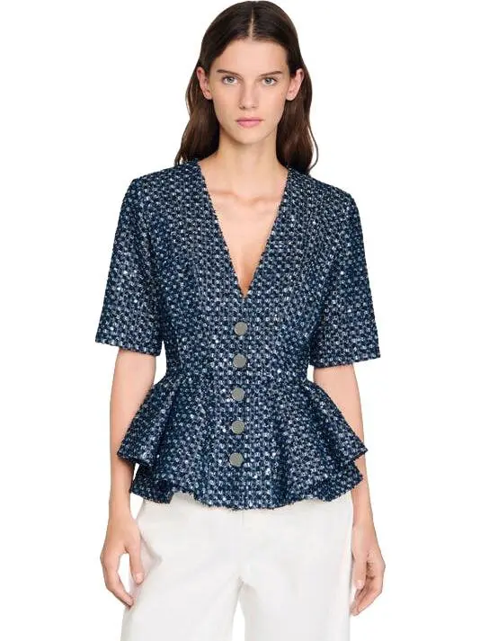 Sandro Fitted Sequined Jacket - Navy Blue