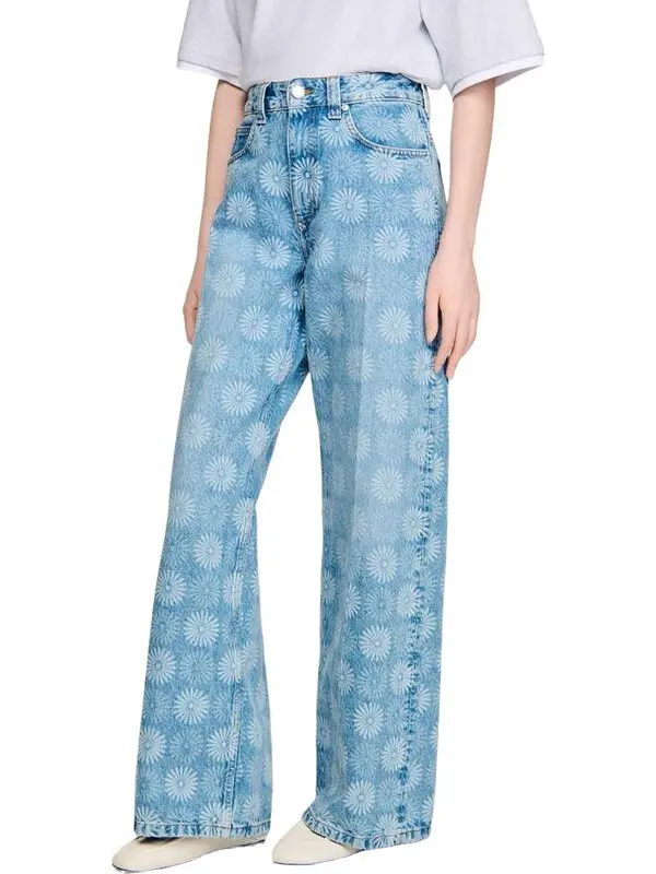 Sandro Floral Print Wide-leg Jeans - Blue Jean