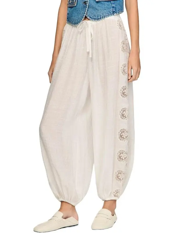 Sandro Crinkled Wide-leg Trousers With Lace Inserts - White