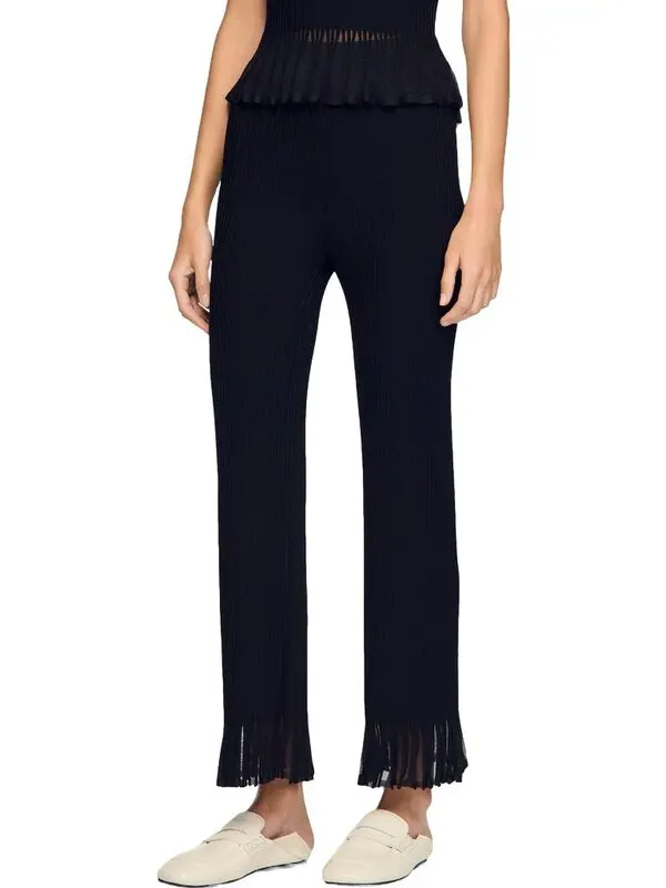 Sandro Ottoman Knit Straight-leg Trousers With Ruffled Hem - Black