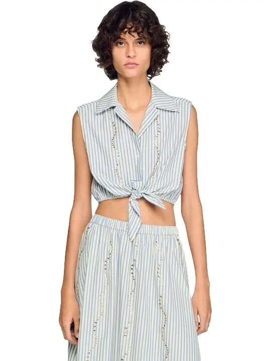 Sandro Striped Rhinestone Shirt - Blue