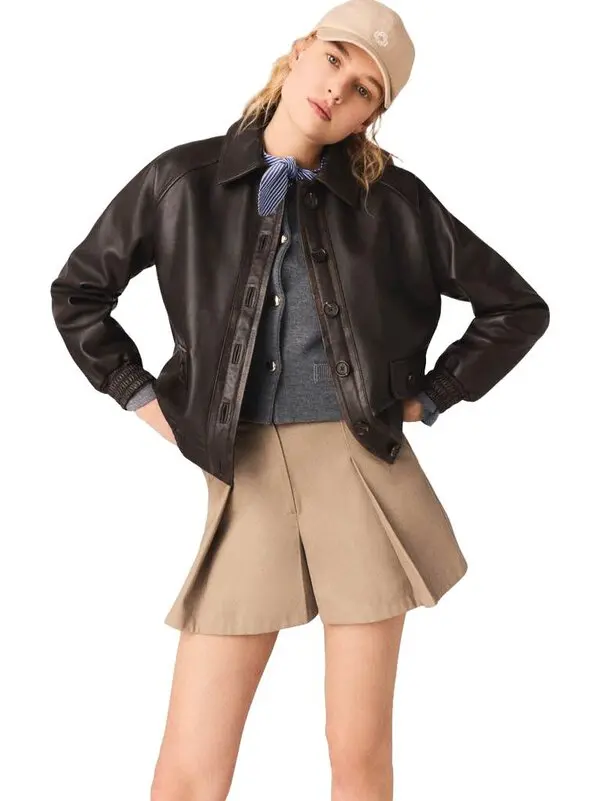 Maje Cropped Leather Aviator Jacket - Brown