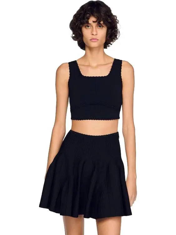 Sandro Cropped Knit Top With Decorative Trim - Black