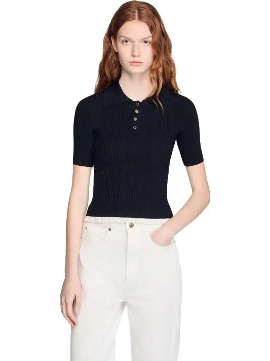 Sandro Decorative Knit Polo Shirt - Black
